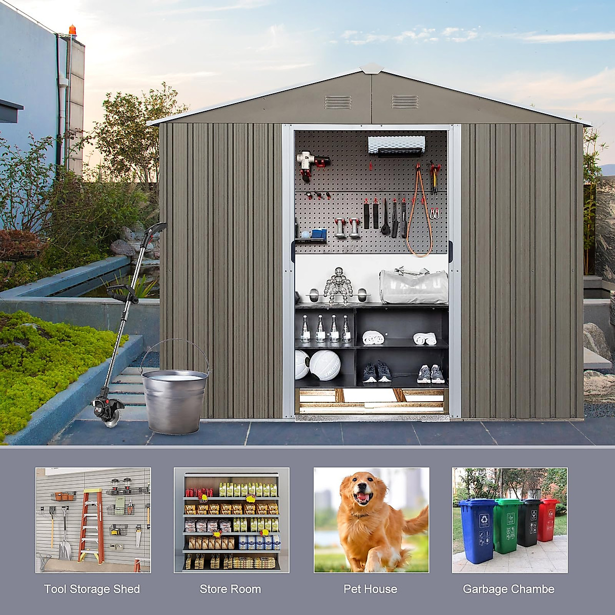 CuisinSmart 8 x 6 Ft Outdoor Storage Shed, All Weather Metal Sheds with Lockable Doors, Floor, Sloping Roof and 2 Vent, Outside Waterproof Tool Shed for Garden, Patio, Backyard, Lawn,Gray