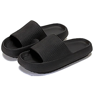 rosyclo Pillow Slipers for and Men, EVA Flat Clouds Massage Shower Bedroom Non Slip Quick Drying Open Toe Super Soft Comfy Thick Sole Puffy Bath Sliders Sandalias, Black
