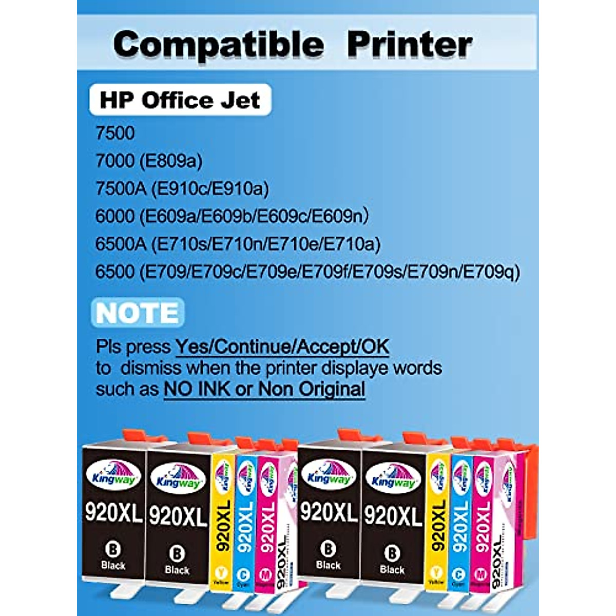 920XL Ink Cartridges of KINGWAY, Replacement for hp 920xl Ink cartridges Combo Pack to Work with Officejet 6500a 6500 6000 7500 7500a 7000 Printer (4 Black,2 Cyan,2 Magenta,2 Yellow,10-Pack)
