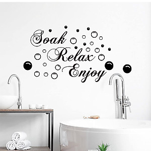Bathroom Wall Stickers, Black Soak Relax Enjoy Quotes Stickers with Bubble Decals, Beautiful Wall Art Words Peel and Stick Stickers for Home Bathroom Decor