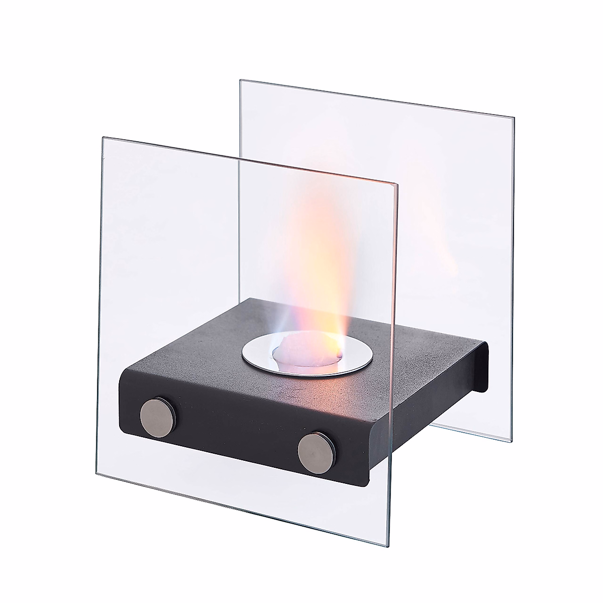Danya B. Square Tabletop Smokeless Fireplace with Clear Glass Panels for Indoor/Outdoor Use, Ventless, Portable, 7.5" H x 6.75" D x 7.5" W, Modern Matte Black Metal Fire Pit, uses Bio-Ethanol Fuel