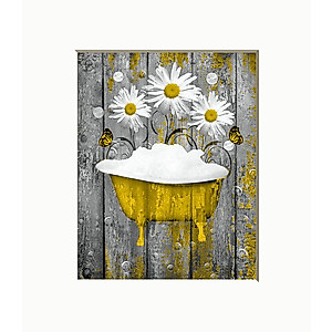 Blue Brown Rustic Farmhouse Daisy Flowers Photography Home Decor Matted Wall Art Picture (Brown Blue) (Yellow)