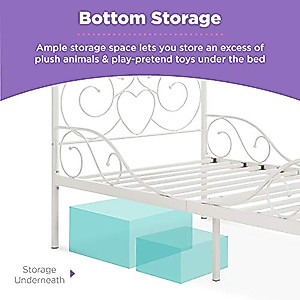 Best Choice Products 4-Post Metal Canopy Twin Bed Frame for Kids Bedroom, Guest Room w/Heart Scroll Design, 14-Slat Support System, Headboard, Footboard - White