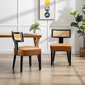 Haplized Modern Rattan Accent Chairs Set of 2 - Wood Frame Dining Chair with Curved Back, Armless Design, Upholstered Seats, for Living Room & Home Decor (Brown PU)