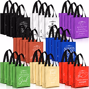 Aliceset 24 Pcs Christian Gift Bags Bulk with Handle Medium Size Christmas Bible Verse Gift Bags Religious Baptism Bags Reusable Church Welcome Visitors Non Woven Bags for Family(Bright Colors)