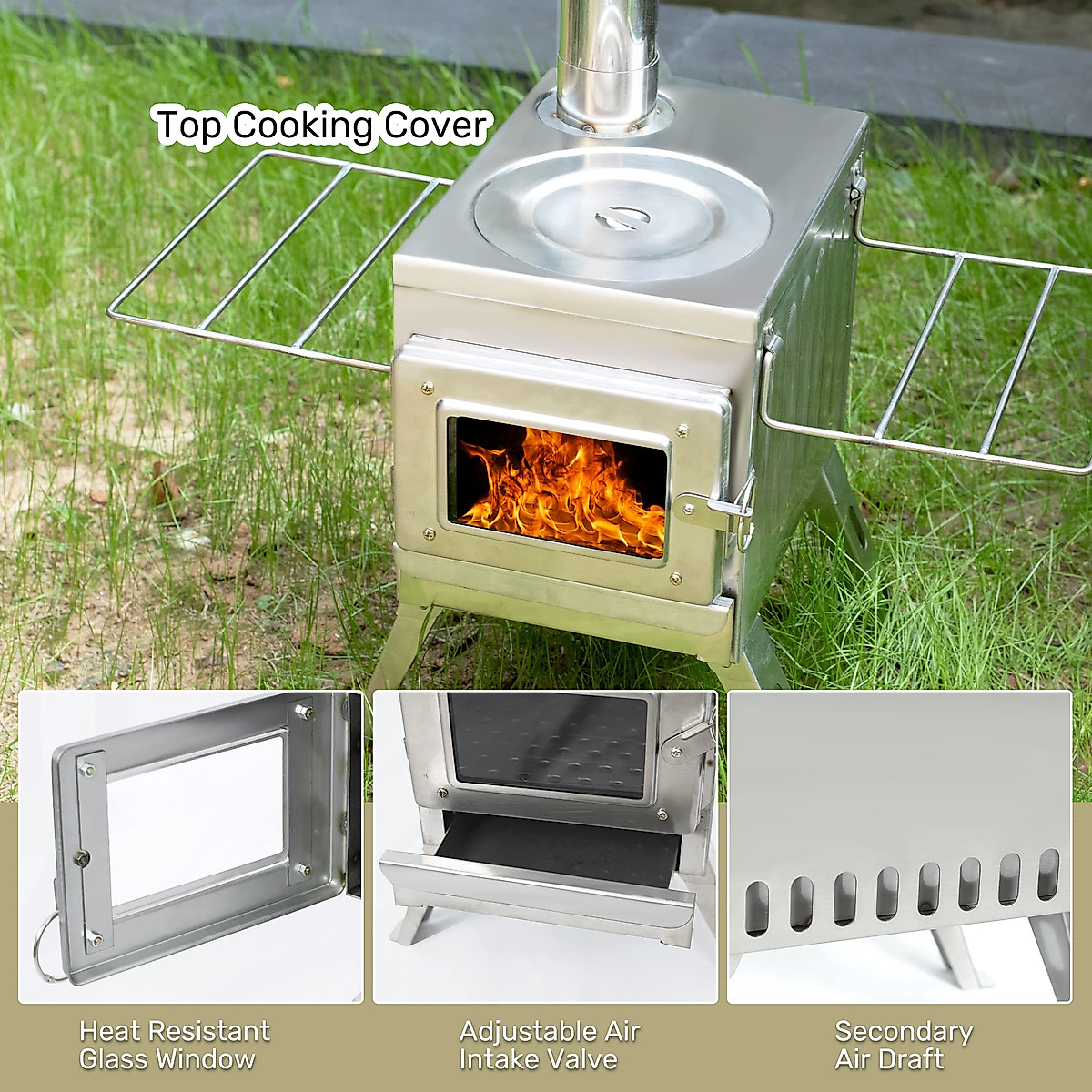 Fltom Camping Wood Stove, Portable Hot Tent Stove with Sectional Chimney Pipes, 304 Stainless Steel Wood Burning Stove for Tent Shelter and Cooking Heating