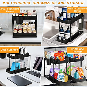 ENOMY 2 Pack Double Sliding Under Sink Organizers and Storage, 2 Tier Under Cabinet Organizer with Hooks & Hanging Cups Multi-Purpose Under Sink Shelf Organizer for Bathroom Kitchen, Black