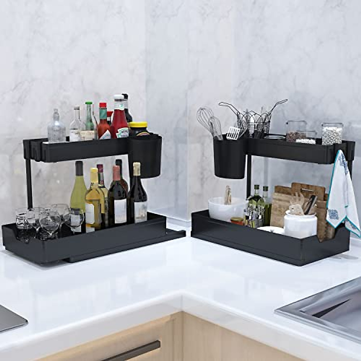 FUNXIM Under Sink Organizer, Under Sink Organizers And Storage, 2 Tier Slide Out Sink Shelf Cabinet Storage Shelves, Multi-Purpose Kitchen Bathroom Sink Organizer, With Organization And Storage Hooks