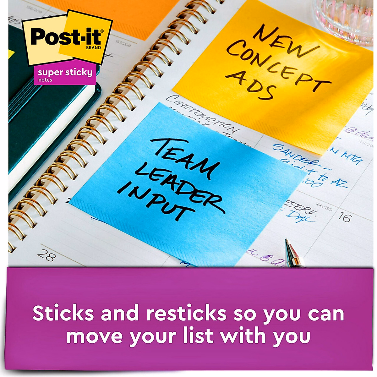 Post-it Super Sticky Full Stick Notes, 2x2 in, 8 Pads, 2x the Sticking Power, Energy Boost Collection, Bright Colors (Orange, Pink, Blue, Green), Recyclable (F220-8SSAU)