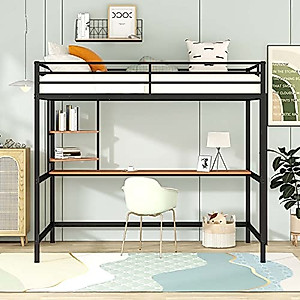 TMEOSK Full Size Metal Loft Bed Frame with Desk and Storage Bookshelves, High Loft Bed with Safety Full-Length Guardrails and Ladders for Boys Girls Teens Adults, No Box Spring Needed (Black)