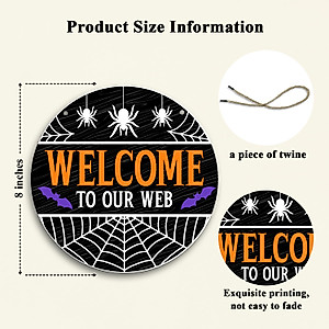 Halloween Hanging Door Wall Decor Wooden Plaque, Welcome To Our Web Sign, Spider Web Pattern, 8 Inch Round Halloween House Decor Hanging Sign, Outdoor Halloween Theme Party Decor Supplies -04