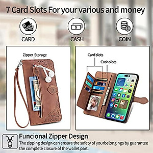 ONV Wallet Case for Oppo Realme 7 Pro - with Zipper Wrist Strap Emboss Flower Flip Phone Case Card Slot Magnet Leather Shell Flip Stand Cover for Oppo Realme 7 Pro[SZY] -Brown
