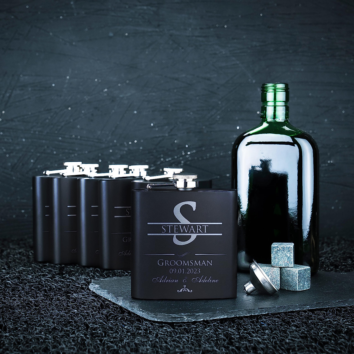 Groomsmen Gifts Set of 6, Personalized Groomsmen Flask Set w Optional Gift Box - Wedding Favor, Engraved 6oz Stainless Steel Flask, Custom Flask Gift Set, Black #2