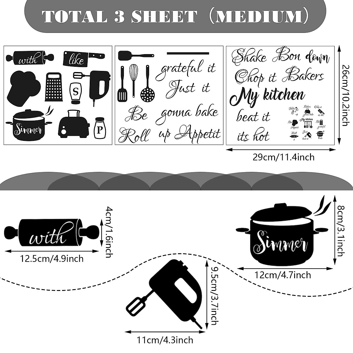 Seajan Kitchen Wall Stickers Kitchen Quotes Wall Decals with Funny Lettering Vinyl Fun Utensils Sticker Peel and Stick Wall Arts for Fridge Restaurant Bar Home Decoration (Black,Medium)