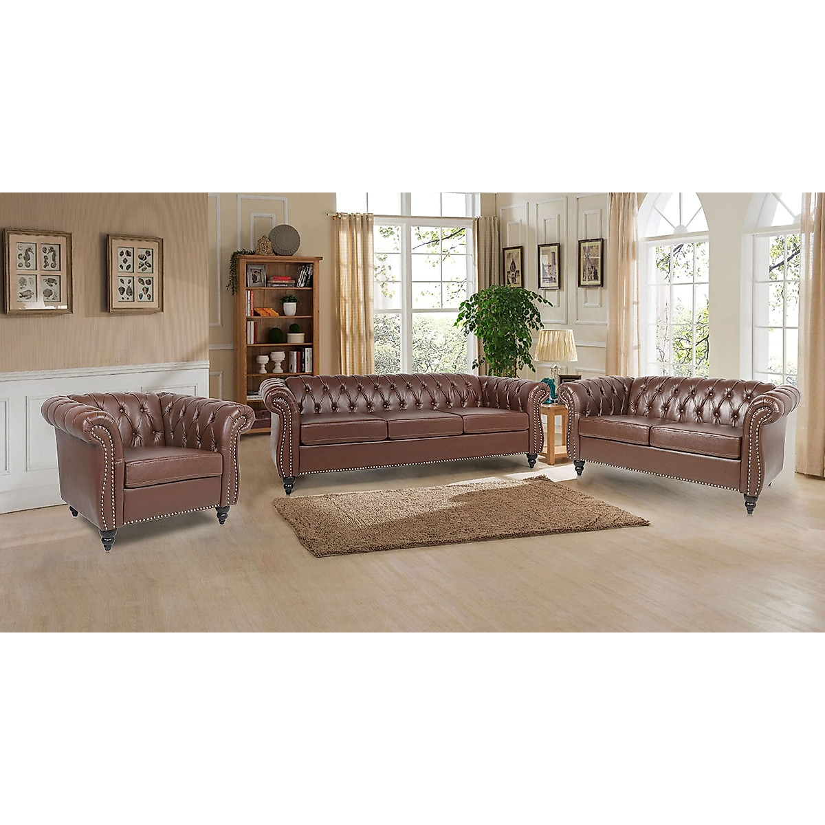 RARZOE 3 Pieces Living Room Furniture Sofa Sets,Modern Faux Leather Chesterfield Sofa&Chesterfield Club Chair&Chesterfield Loveseat Sofas Set with Nailhead Trim Scroll Arms for Living Room,Dark Brown