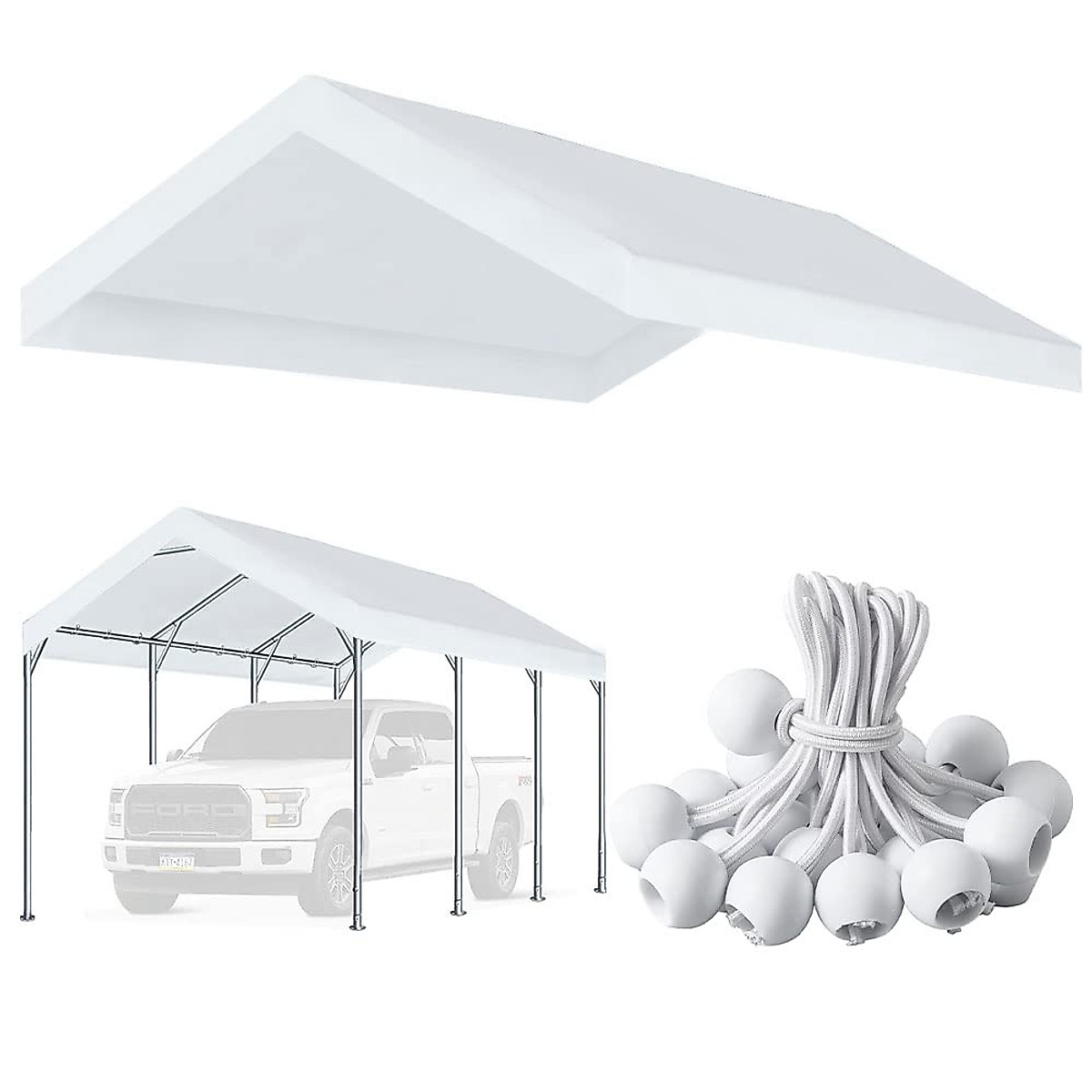 10'x20' Upgraded Carport Replacement Top Canopy Cover for Car Garage Shelter Tent Party Tent with Ball Bungees White (Only Top Cover, Frame is not Included)