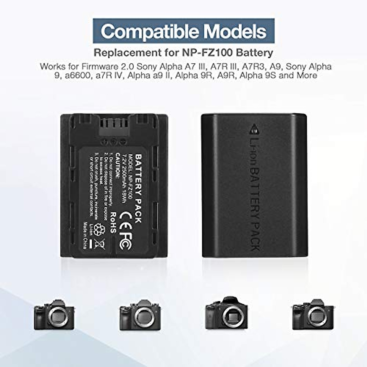 NP-FZ100 Battery 2500mAh NP FZ100 Li-ion Batteries 2 Packs with Dual USB Charger for Sony A7III A7R III A9 A7R IV A6600 Firmware 2.0