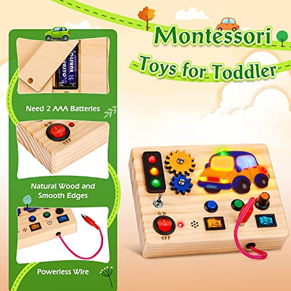 Auney Montessori Busy Board with Traffic Led Lights,Wooden Sensory Toys for Toddlers 1-3,Baby Travel Toys with 7 Different Led Lights Sound Button,Educational Toys for 1+ Year Old Boy Car Style Gift