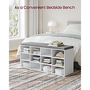VASAGLE Shoe Bench with Cushion, Storage Bench with Padded Seat, Entryway Bench with 12 Compartments, for Bedroom, 11.9 x 40.9 x 18.9 Inches, Cloud White and Dove Gray ULHS012W14
