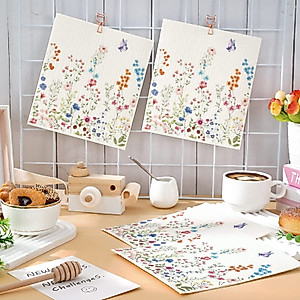 AnyDesign Wildflower Swedish Kitchen Dishcloth Watercolor Spring Flowers Butterfly Cotton Kitchen Towel Absorbent Reusable Cleaning Dishcloths for Home Party Cleaning Housewarming, 7 x 8 Inch, 4 Pack