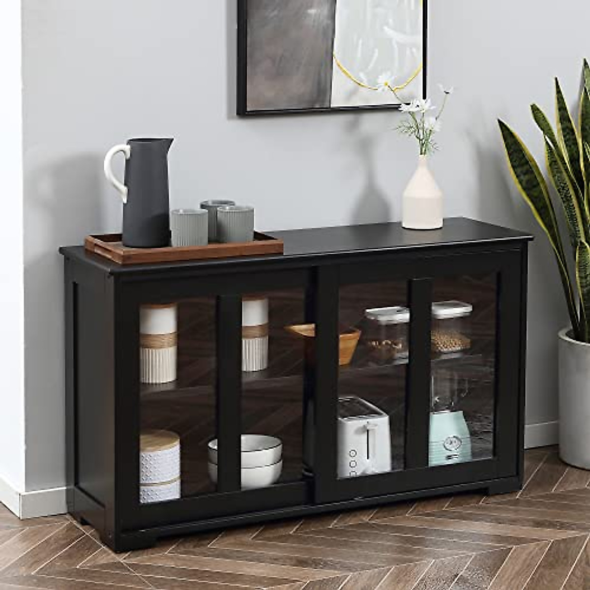 HOMCOM Sideboard Buffet Cabinet, Stackable Credenza, Coffee Bar Cabinet with Sliding Glass Door and Adjustable Shelf, Black