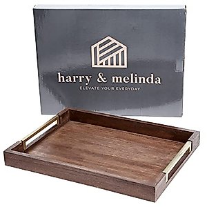 Wooden Coffee Table Serving Tray - Decorative Ottoman Tray for Living Room, Beautiful Home Decor, Perfect for Serving Food or displaying Household Items. Walnut and Gold Brass. by Harry & Melinda.