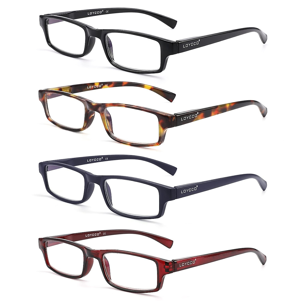 Loycco 4 Pack Rectangle Narrow Reading Glasses Blue Light Blocking Women Men Lightweight Compact Readers Computer Eyeglasses 2.5