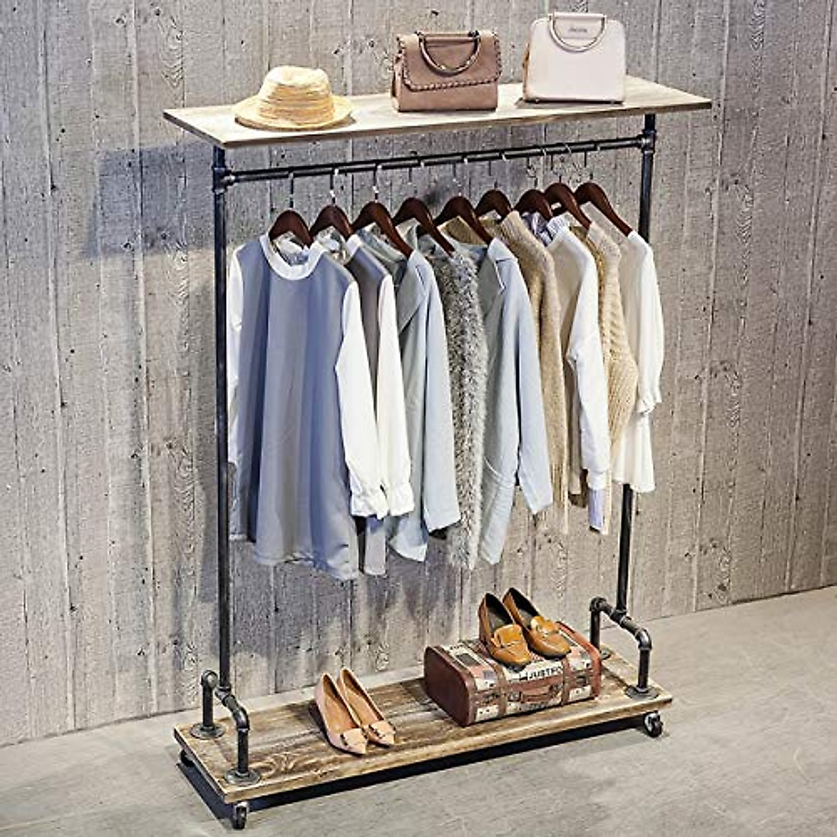 wuxiuqi Industrial Pipe Clothing Rack on Wheels,Rolling Iron Garment Racks with Shelves, Commercial Grade Clothing Racks Heavy Duty,Vintage Steampunk Clothes Rack Retail Display Wood