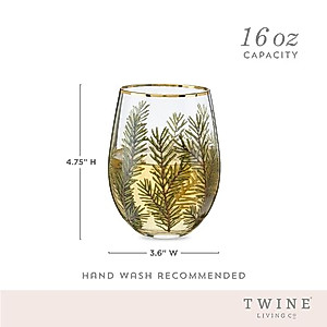 Twine Woodland Stemless Wine Glasses, Festive Gold Rim Tumblers, Decorative Barware, 16 Oz Set of 2