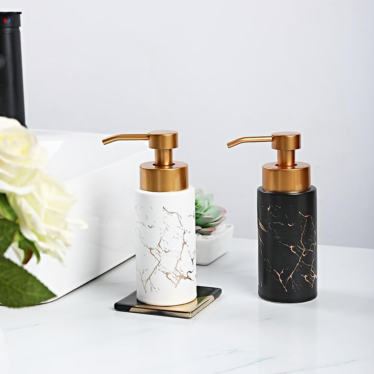 Marble Soap Dispenser, Ceramic Foam Soap Dispenser with Rust Proof Golden Pump (White)