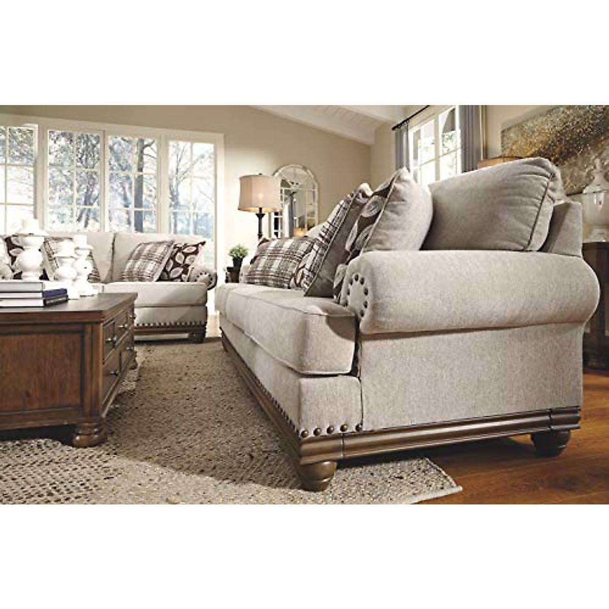 Signature Design by Ashley Harleson Modern Farmhouse Loveseat with Nailhead Trim and 4 Accent Pillows, Beige