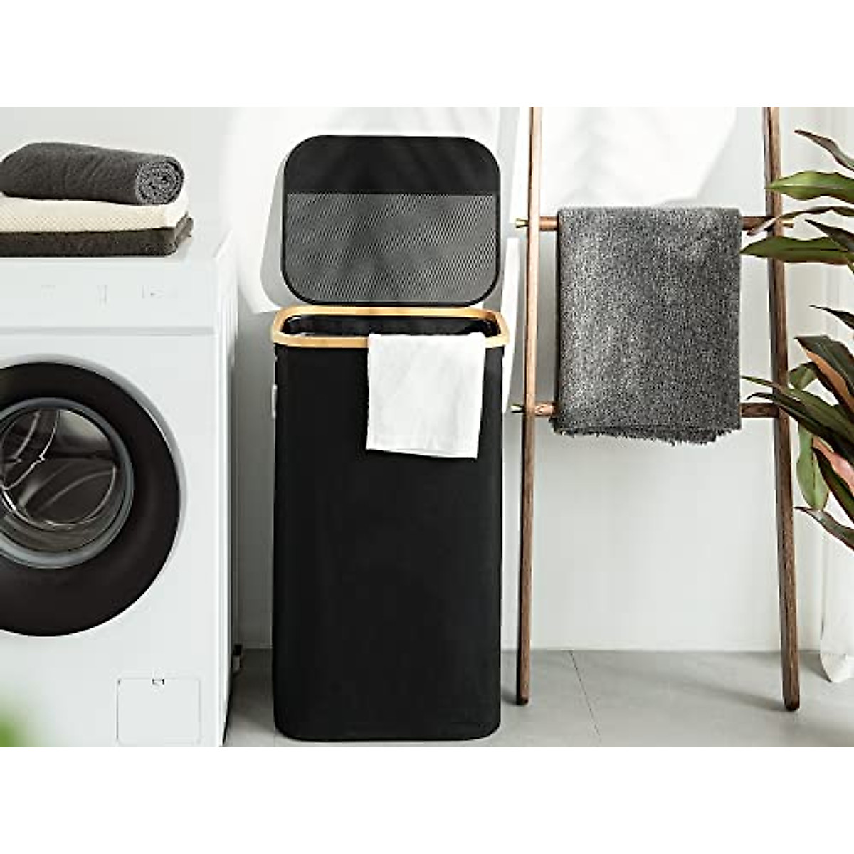 StorageWorks Large Laundry Hamper with Lid, 100L Tall Laundry Basket with Bamboo Handles and 2 Removable Inner Bag, Collapsible Laundry Hamper for Clothing, Toys, Towels, Black, 1-Pack