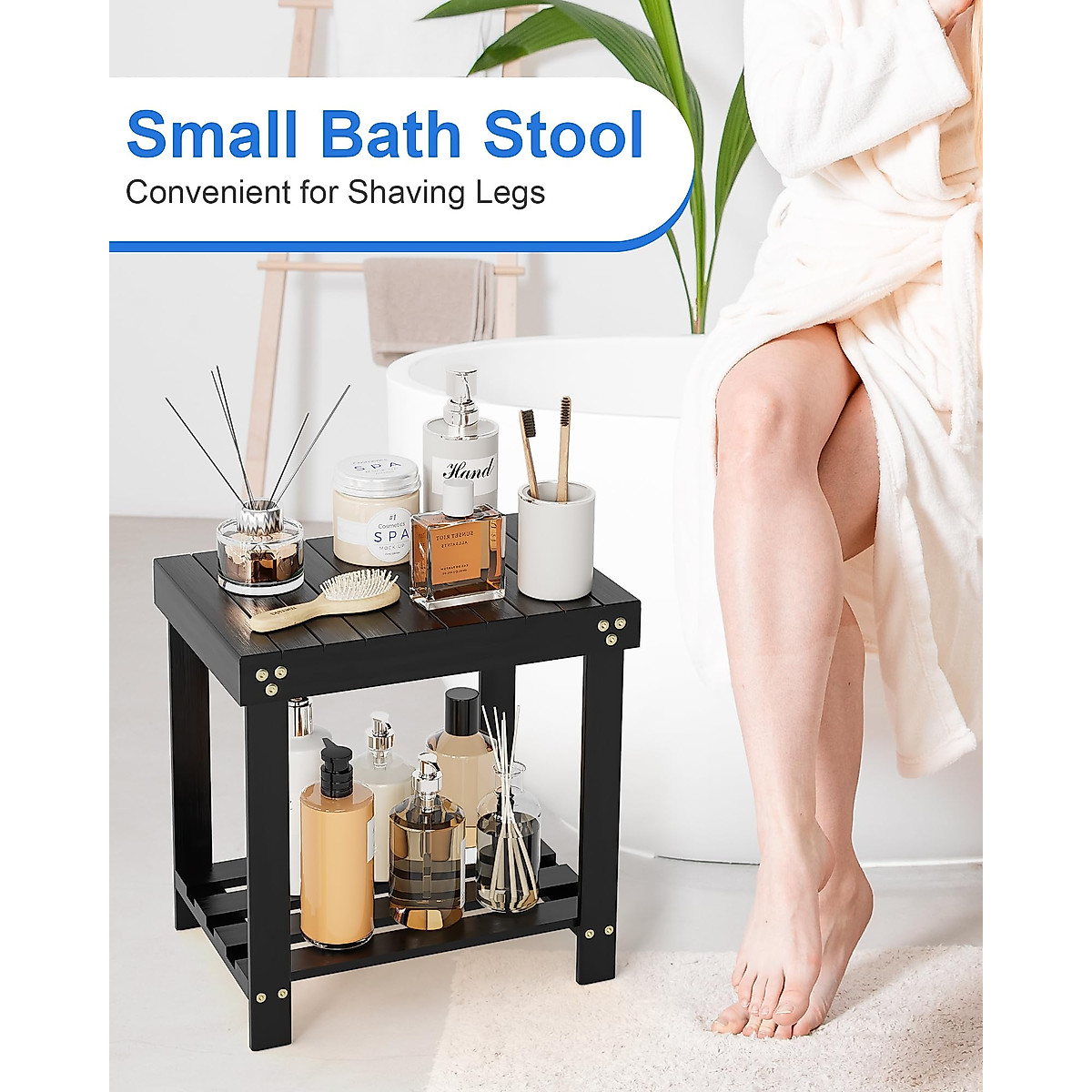 Bamneat Small Bamboo Bathroom Shower Bench with Storage Shelf, Durable Shower Stool for Shaving Legs, Indoor and Outdoor Use, Black