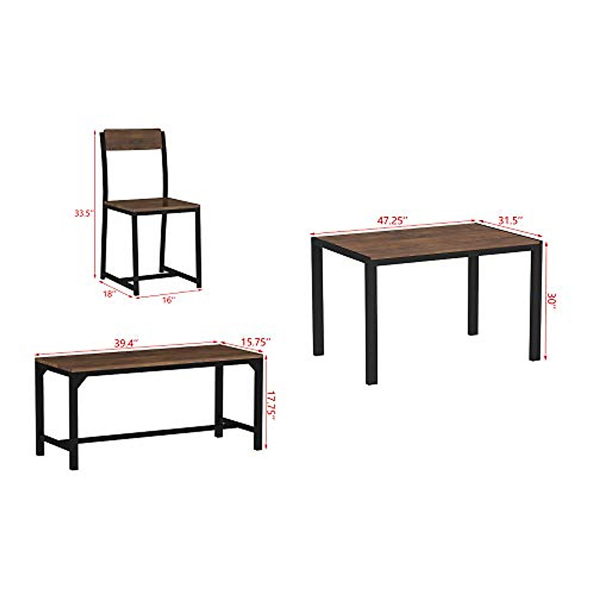 FUILIAY 4 Piece Wooden Dining Set for Kitchen, Home Dining Room, Rectangular Table with Bench and 2 Chairs, Steel Frame - Brown