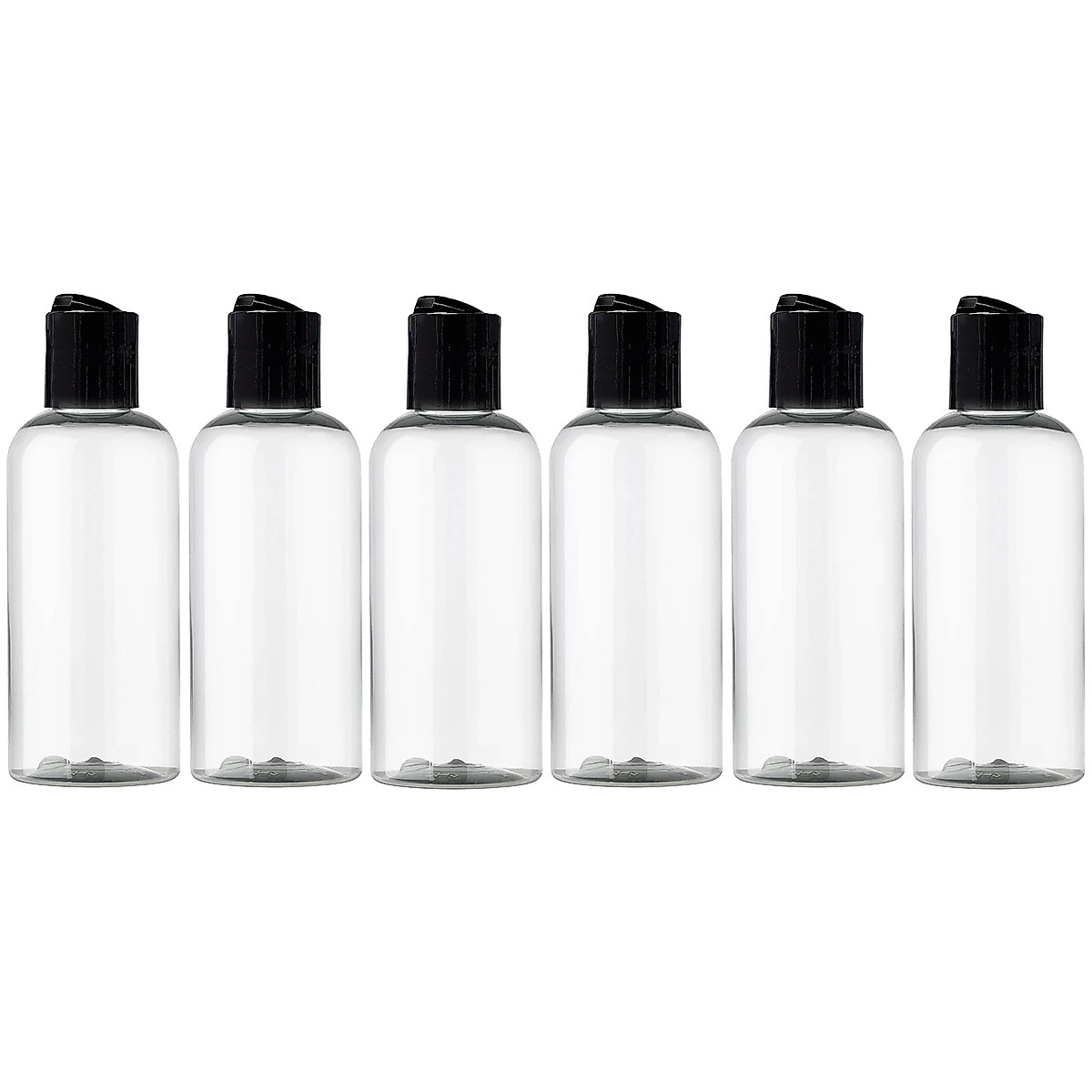 ljdeals 4 oz Clear Plastic Empty Bottles with Black Disc Top Caps, Refillable Cosmetic Containers for Shampoo, Lotions, Cream and more Pack of 6, BPA Free, Made in USA