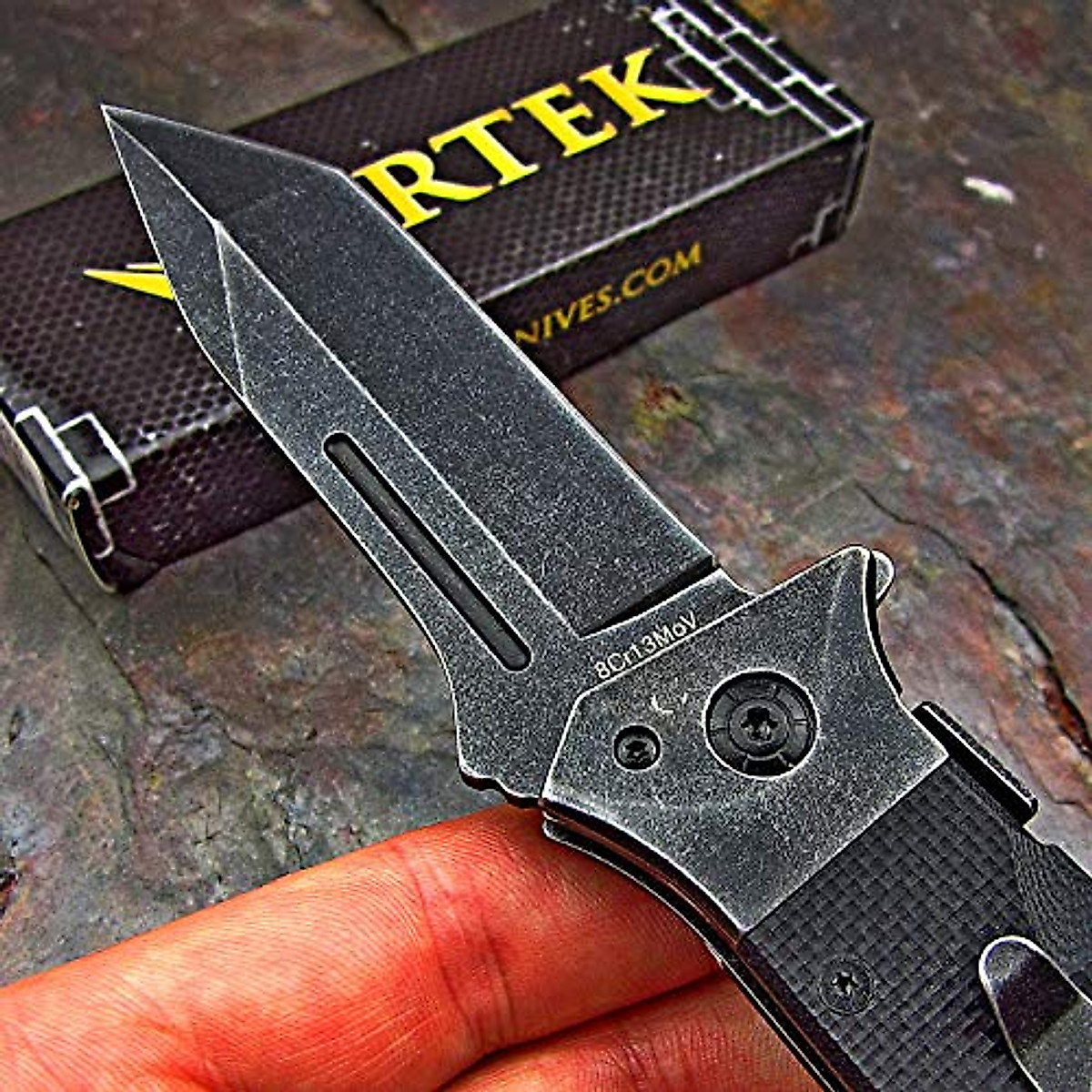 VORTEK Ball Bearing Pivot System Heavy Duty EDC Folding Pocket Knife: 8Cr13MoV Razor Sharp Blade - LMF Style Pommel with Lanyard - Smooth Fast One Hand Opening