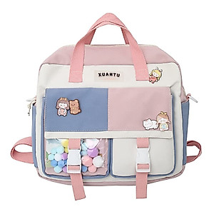 Kawaii Backpack with Pom Pom, Japanese Cute Tote Bag Aesthetic Crossbody Shoulder Bag Messenger Bag School Handbag (Pink)
