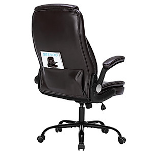 Seevoo Office Chair Desk Chair High Back Computer Chair - Adjustable Lumbar Support with Flip-Up Arms PU Leather Chair with Spring Cushion