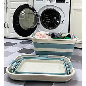 SAMMART 42L (11 gallons) Collapsible Plastic Laundry Basket - Foldable Pop Up Storage Container/Organizer - Portable Washing Tub - Space Saving Hamper/Basket (1, Grey/Sterling Blue)