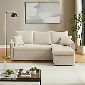 ODIKA L Shaped Convertible Sleeper Sofa Bed, 84" Sectional Couch for Living Room - Dual USB-C Charging, Pull Out Bed, Reversible Chaise with Storage & Pockets, Removable & Washable Beige Linen Covers