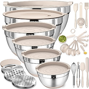 Mixing Bowls with Airtight Lids Set, 26PCS Stainless Steel Khaki Bowls with Grater Attachments, Non-Slip Bottoms & Kitchen Gadgets Set, Size 7, 4, 2.5, 2.0,1.5, 1QT, Great for Mixing & Serving
