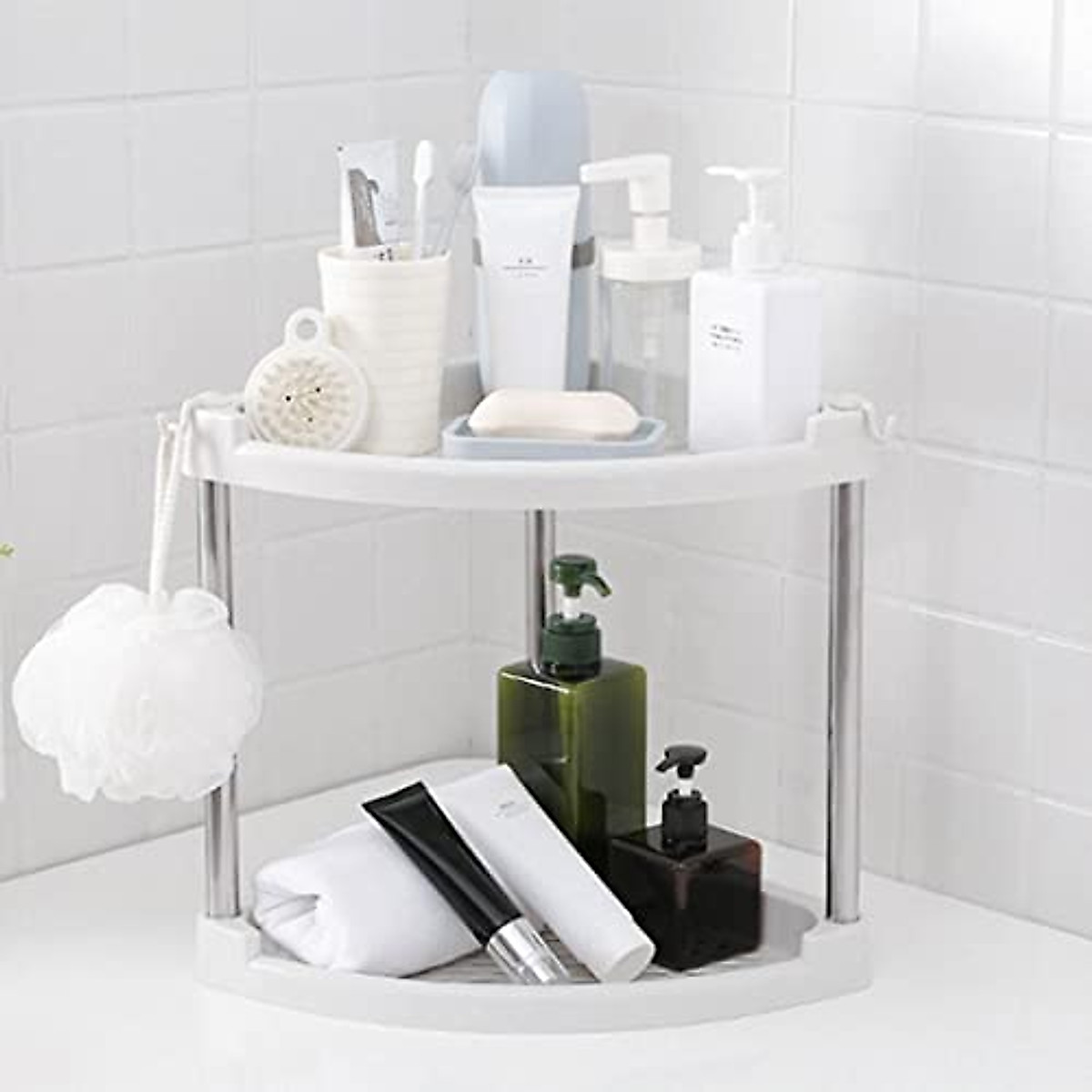 FIZZOQI 2/3 Layers Triangle Kitchen Counter Shelf Storage Organizer Corner Seasoning Standing Storage Rack Plastic Stainless Steel Organizer Shelf Multi-Functional Storage Shelf