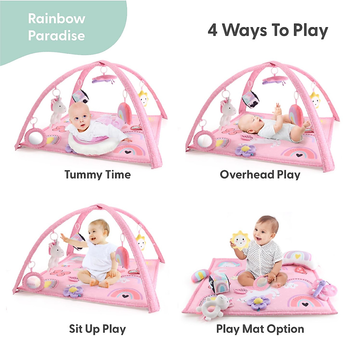 The Peanutshell Baby Girl Play Gym & 7-in-1 Play Mat - Playmat Baby Toys 0-6, 6-12 Months Tummy Time Mat with Hanging Toys, Soft Padded Mat for Newborns, Infants - Rainbow Paradise
