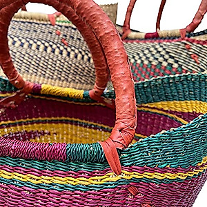 Deluxe Colorful African Shopping Basket - Large 18" U-shape - by market women in Bolgatanga, Ghana with Africa Heartwood Project - GBLSC (Flat-packed)