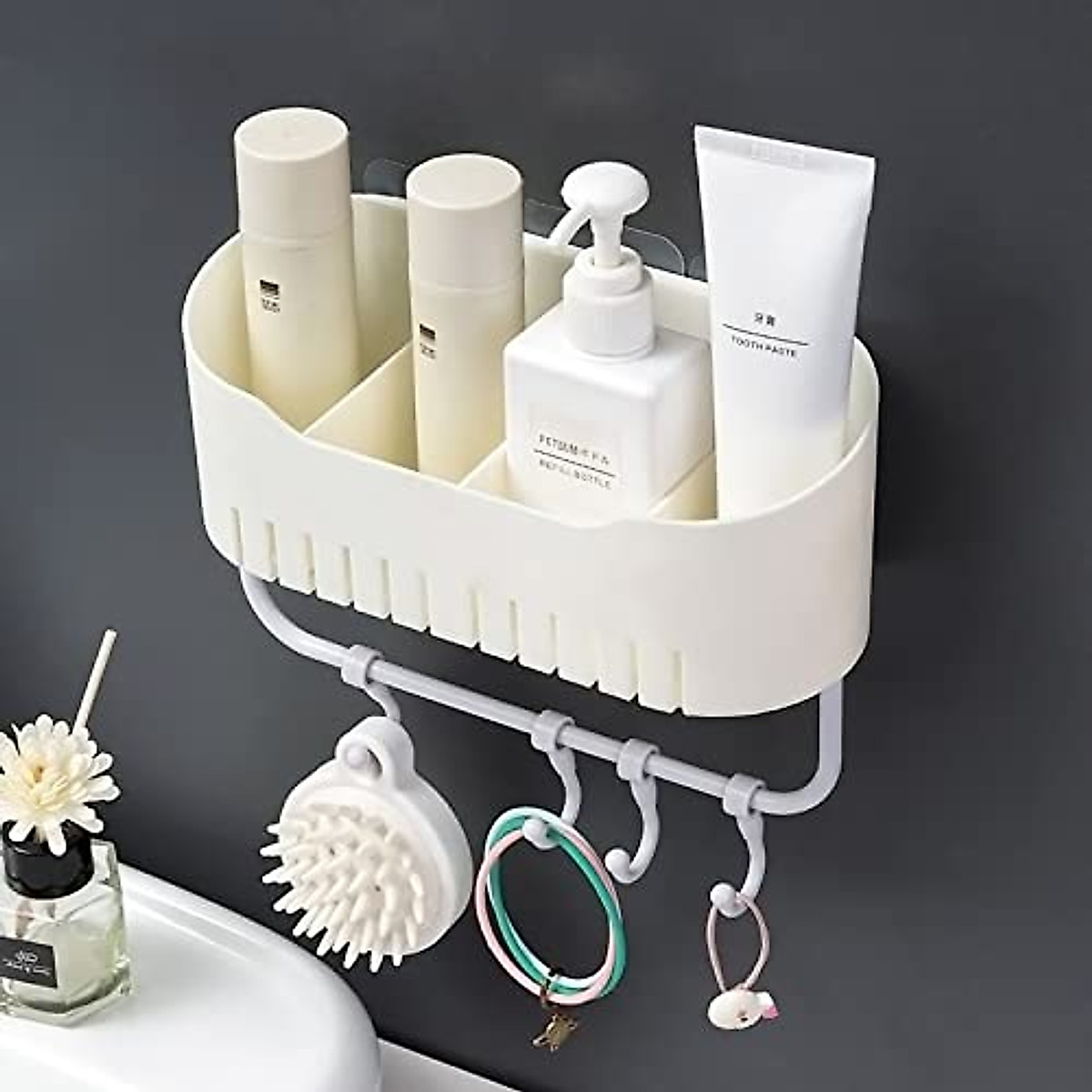 Bathroom Shower Basket Wall Mounted Shower Caddy Shelf with Hooks, No Drilling Removable Bathroom Shelf Organizer for Shampoo, Body Wash, Conditioner, Plastic Shower Rack for Kitchen & Bathroom