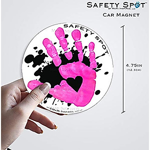 Safety Spot Magnet - Kids Handprint for Car Parking Lot Safety - White with Black Splat Background (Blue)