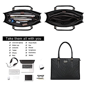 MOSISO Laptop Tote Bag for Women, 15.6 inch Computer Bag Compatible with MacBook, HP, Dell, Asus Notebook, 16 inch Large Capacity Quilted Leather Laptop Handbag with Clutch Purse, Black