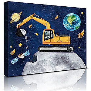 HLNIUC Outer Space Room Wall Art, Space Theme Posters Astronaut Construction Canvas Prints (12”X16”,Framed), Planet Stars Trucks Universe Art Print For Kids Boys room Playroom Decor-Ready To Hang