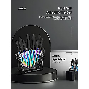 Aiheal Knife Set, 16 Pieces High Carbon Stainless Steel Rainbow Color Kitchen Knife Set, Titanium Coating Blade, No Rust and Super Sharp Cutlery Knife Set with Acrylic Stand and Kitchen Scissors, Gift