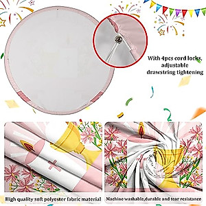 AOFOTO 3x3ft First Communion Baptism Round Backdrop Cover Blush Pink Flower Cross Gold Chalice Candle Christening Circle Photography Background Girl Baby Shower Birthday Party Decorations